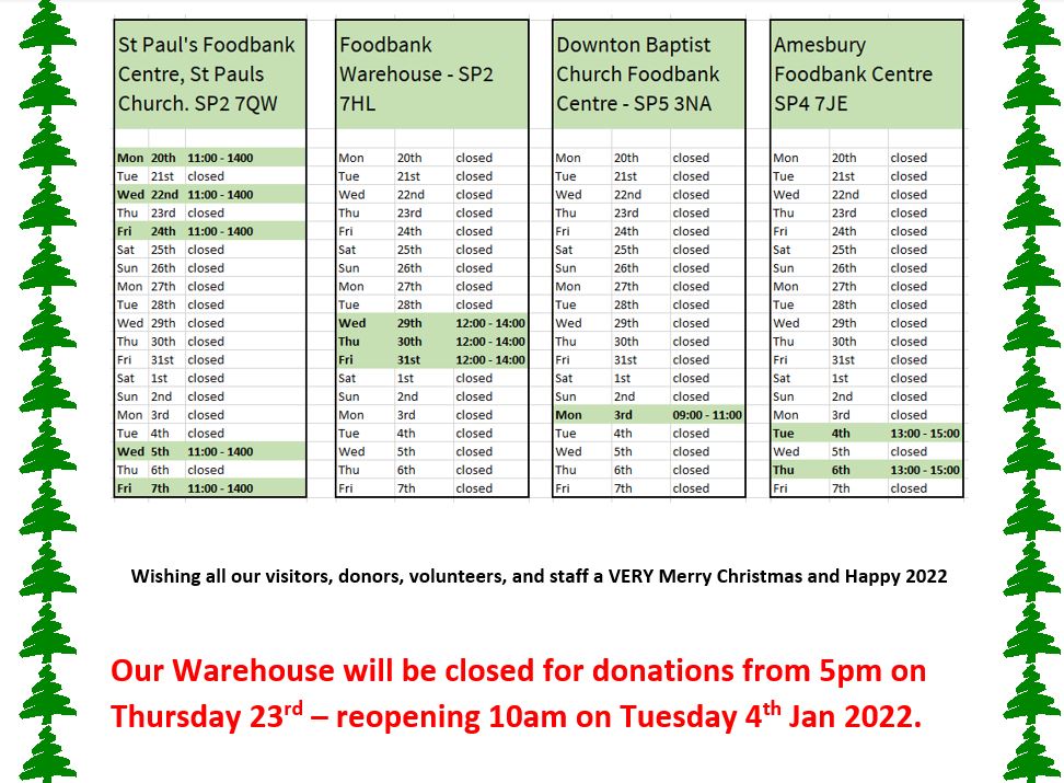 Christmas Opening Times 2021 - Salisbury Foodbank